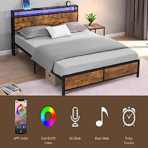 RIDFY Queen Bed Frame with LED Lights and 2 USB Ports, Industrial Platform Bed Frame with 2-Tier Storage Headboard, Heavy Duty Camas/Noise Free/No Box Spring Needed/Brown (86.6x60)