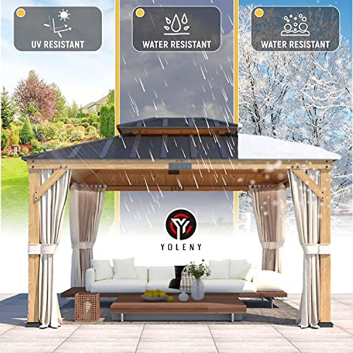 YOLENY 11' x 13' Solid Spruce Wood Gazebo, Hardtop Gazebo with Coated Wood Frame, Waterproof Asphalt Double Roof, Nettings and Curtains for Lawns, Gardens, Decks, and Patios