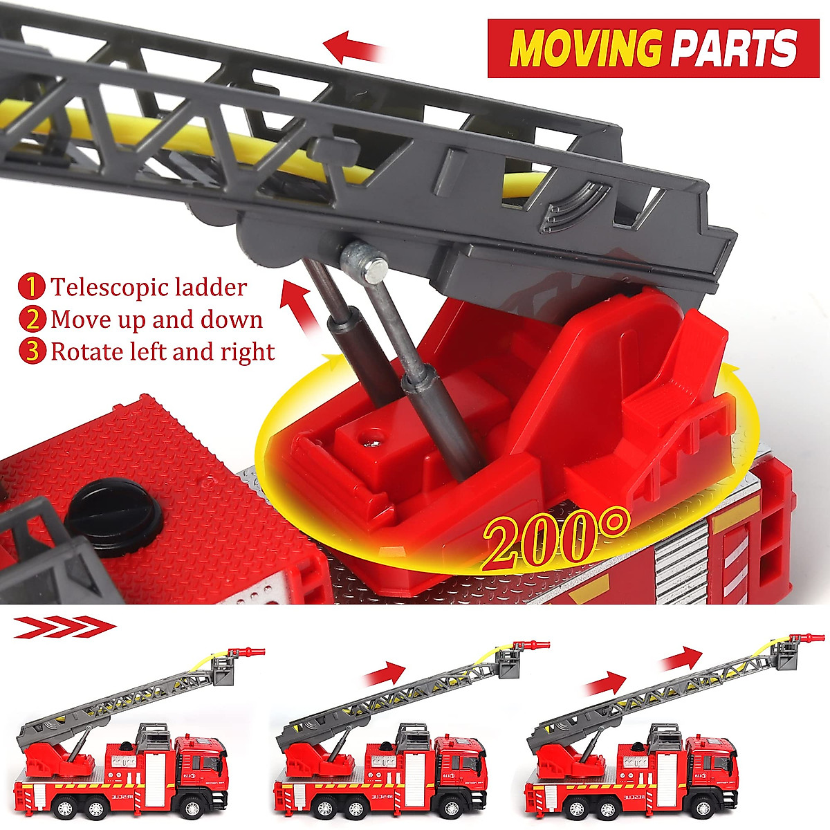 Geek Cheers Real Fire Truck Toy, Alloy Model Functional Firetruck with Water Pump, Extendable Rotating Rescue Ladder, Lights & Siren Sounds, Friction-Powered Car for Gift for Boys Girls Ages 3+