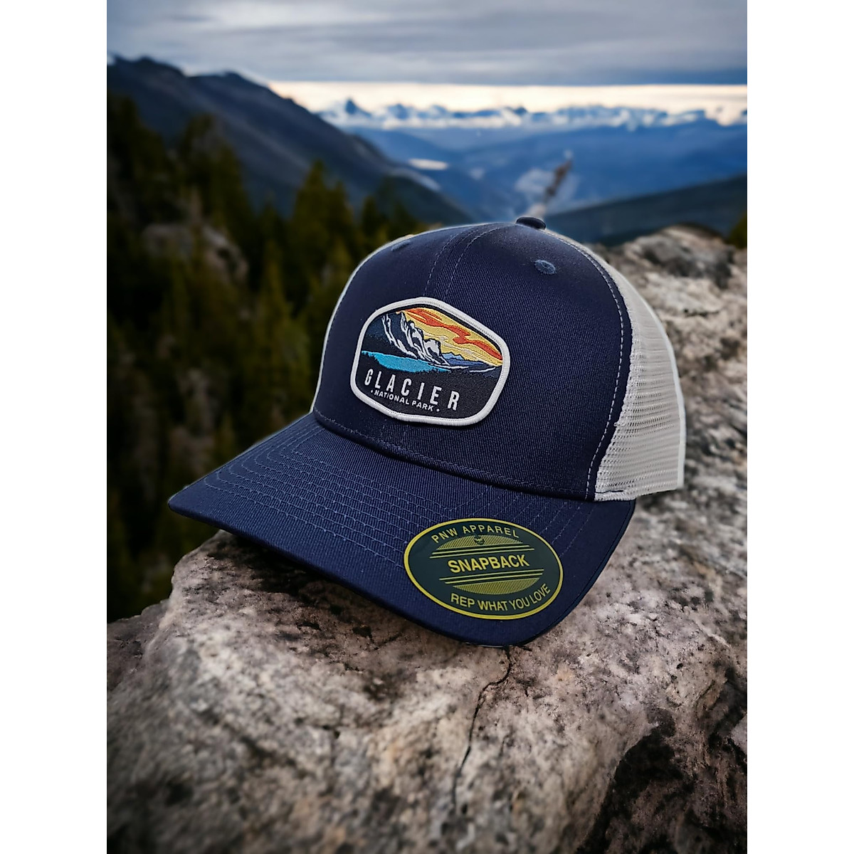 Glacier Trucker Hat w/National Park Woven Patch (Navy/White)