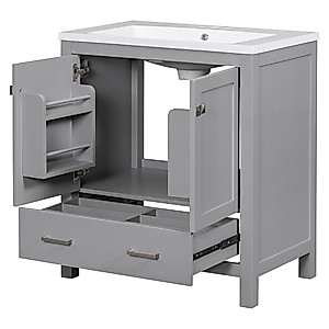 Aiuyesuo Multifunctional Storage 30" Grey Bathroom Vanity with Single Sink, Combo Cabinet Undermount Sink, Solid Wood Bathroom Cabinet Frame with 2 Doors and A Drawer, Soft Closing
