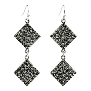 Jet Black Rhinestone Dangle Earrings for Women Silver Plated Sparkling Diamonds Drop Statement Earrings - Hypoallergenic (2 SQUARE)