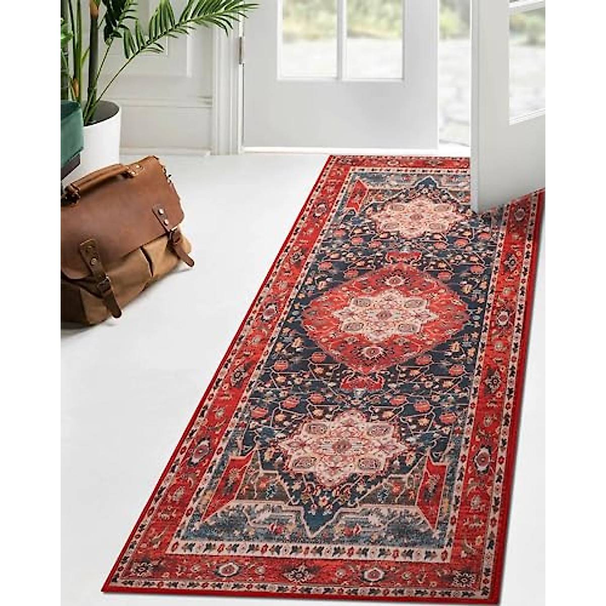 Comeet Washable Runner Rug - 2x6 Boho Hallway Runner Rug, Non-Slip Kitchen Bathroom Runner Rugs, Long Vintage Accent Area Rug for Entryway Laundry Bedroom Red/Blue