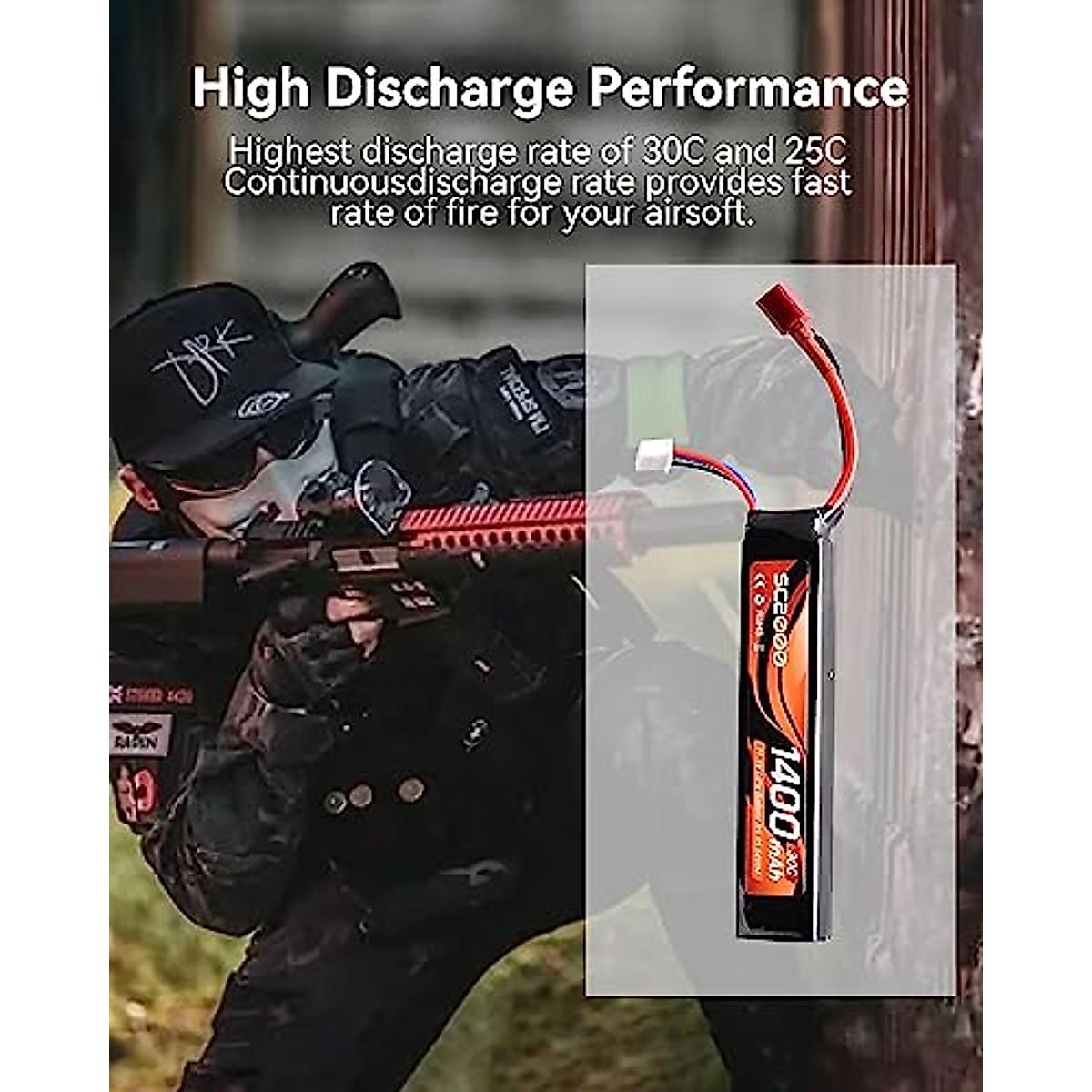 11.1V LiPo Battery Airsoft Deans Connector Rechargeable 1400mAh 30C Stick Battery with T Plug to Mini Tamiya Cable for Airsoft Guns Airsoft Rifle