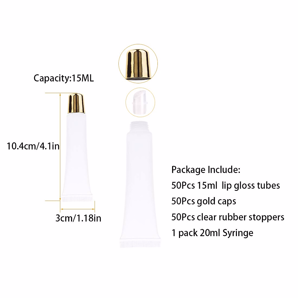 KCD 50Pcs Lip Gloss Tubes, 15ml Gold Top Lip Gloss Containers Empty, Refillable Soft Cosmetic Squeeze Tubes for DIY Lip Gloss Balm Cosmetic with Free Syringe (Gold)