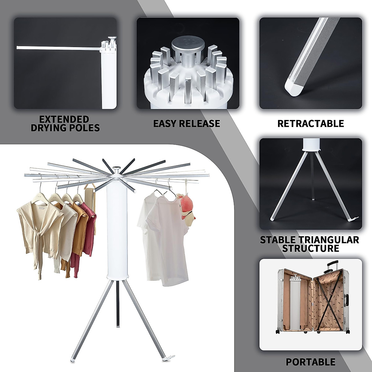 KUJIBGY Tripod Clothes Drying Rack Portable & Foldable Garment Drying Rod Space Saving Collapsible Laundry Hanging Rack for Laundry Room Balcony Bedroom Travel Indoor Outdoor