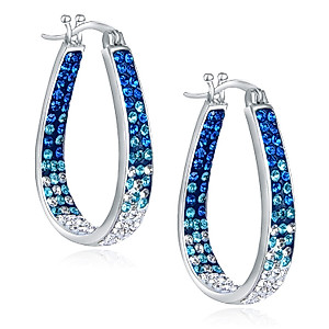 Rhodium Plated Blue and White Gradient Crystal Hoop Earrings for Women, Sparkly Royal Blue Earrings Fashion Jewelry