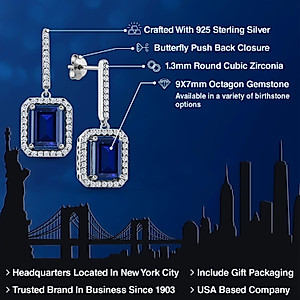 Gem Stone King 925 Sterling Silver Gemstone Birthstone Earrings | Emerald Cut 9X7MM | Drop Dangle Earrings for Women