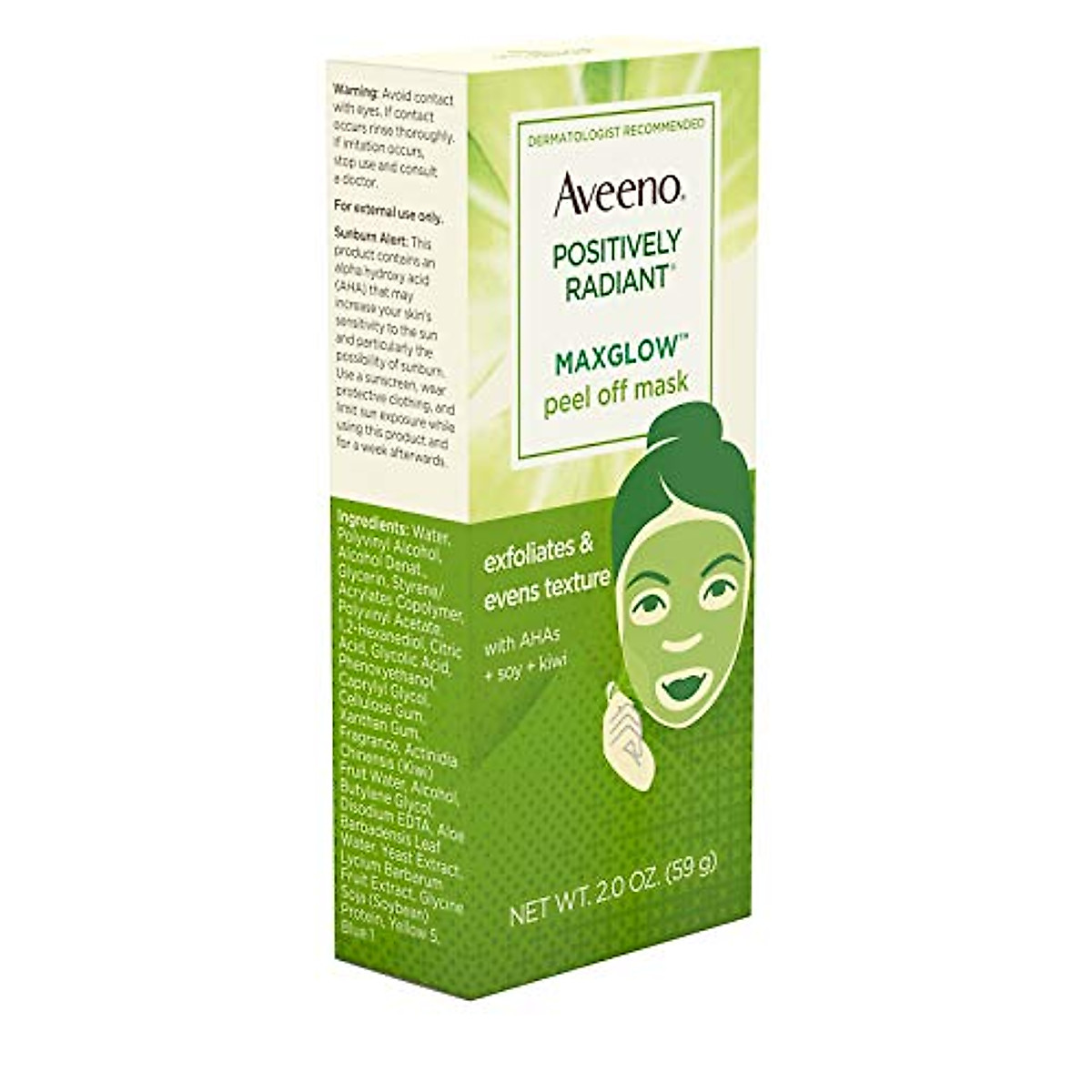 Aveeno Positively Radiant MaxGlow Peel Off Exfoliating Face Mask with Alpha Hydroxy Acids, Moisture Rich Soy & Kiwi Complex for Even Tone & Texture, Non-Comedogenic, Paraben- & Phthalate-Free, 2.0 oz