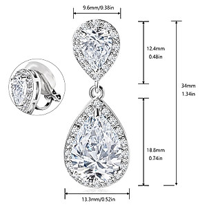 Wedding Zircon Teardrop Clip On Earrings For Brides Women No Piercing Sparkly CZ Silver Dangle Earrings