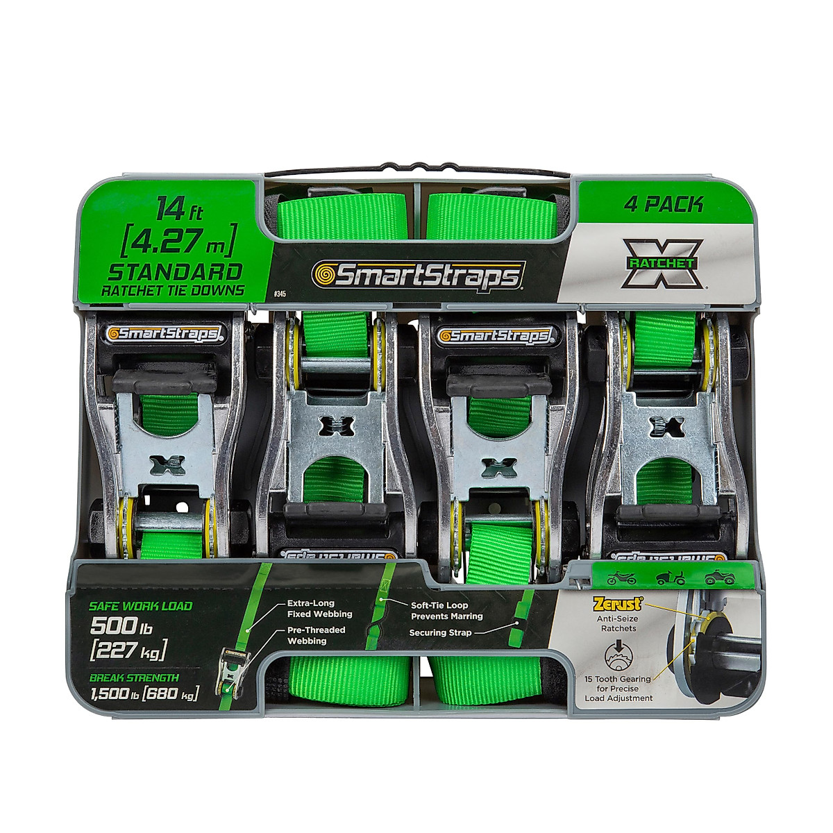 SmartStraps Ratchet Straps - 14ft GRN Premium RatchetX 4pk 1,500lb