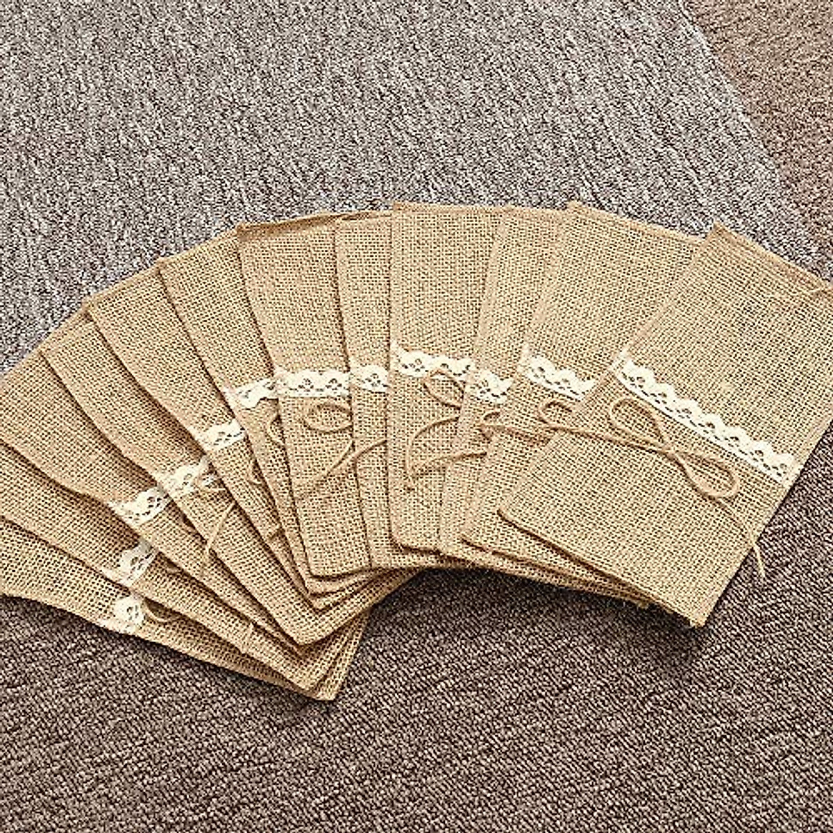 Topmodehome Burlap Cutlery Holders Lace Utensil Pouch Knifes Forks Bag for Vintage Natural Wedding (4x8inch, Rope Bow)