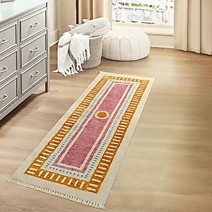 Lukinbox Boho Bathroom Runner Rugs with Fringes, 2x6 Sun Washable Hallway Runner Rug, Extra Long Soft Non-Slip Orange Rainbow Area Rug for Kitchen Laundry Room Entryway