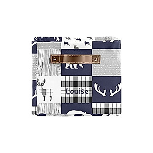 Deer Bear Patchwork Woodland Personalized Storage Bins,Foldable Baskets Organizer with Handle for Nursery Pet Toy Clothes Box 2 Packs