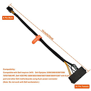YEZriler 24 Pin to 6 Pin ATX PSU Power Adapter Sleeved Cable for Dell Motherboard with 6 Pin Port 13-inch(33cm)