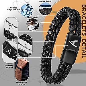 Bracelets for Men Letter C Beaded Initial Bracelet Mens Gifts for Birthday Lava Rock Cuff Bangle Leather Gifts for Him I Love You Engraved Birthday Retirement Christams Jewelry