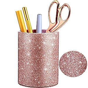 PU Glitter Pen Holder Pencil Cup Rose Gold Shiny for Women Girls, Luxury Makeup Brush Holder Pu Leather Organizer Cup Gift for Desk Office Classroom Home