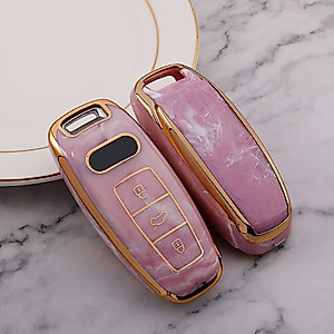 SANRILY Golden-edge Jade Pattern Key Fob Cover for Audi Q7 2021 2020 Q8 A8 A6 A7 Etron,RS3 A3 Sportback 2022 Accessories With Leather Keychain Keyless Smart Key Case Shell Pink