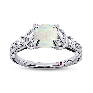 GEMVIO Vintage Celtic Knot Solitaire Engagement Rings for Women 6MM Cushion Cut Natural White Opal & Diamond Anniversary Wedding Ring in 14K White Gold Over Sterling Silver (0.80 Cttw), Size 7