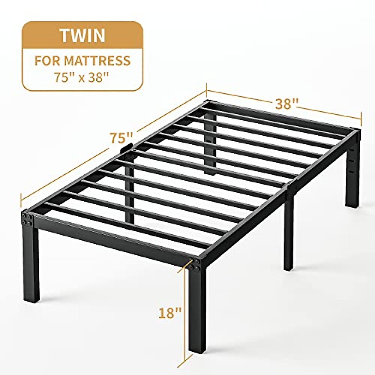 Gdduck 18 Inch Twin Bed Frame Metal Platform Bed Frame with Storage，Sturdy Steel Frame No Box Spring Needed,Black Frame Heavy Duty Noise-Free,Easy Assembly，Support up to 2500lbs