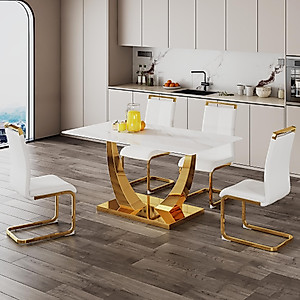 HAIZAO 63 inch Glass Dining Table for 4-6, Rectangular Glass Dining Table with White Marble Grain Tempered Glass Tabletop, Glass Kitchen Table with U-Shaped Metal Bracket for Dining Room Kitchen