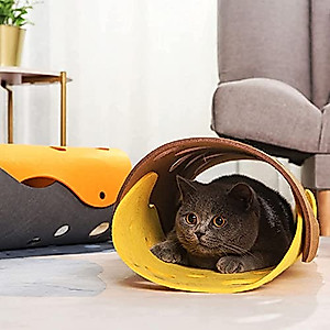 Cat Tunnels Bed, Foldable Pet Tunnel Tube Bed with Holes, DIY Cats Play Mat Cat Activity Rug Toy for Interactive/Exercise Felt Cloth Random Combinations and Infinite Extension (Grey Yellow)