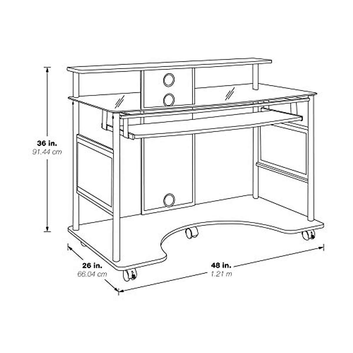 OSP Home Furnishings Vision Glass Multi-Media Home Office Rolling Desk, Black