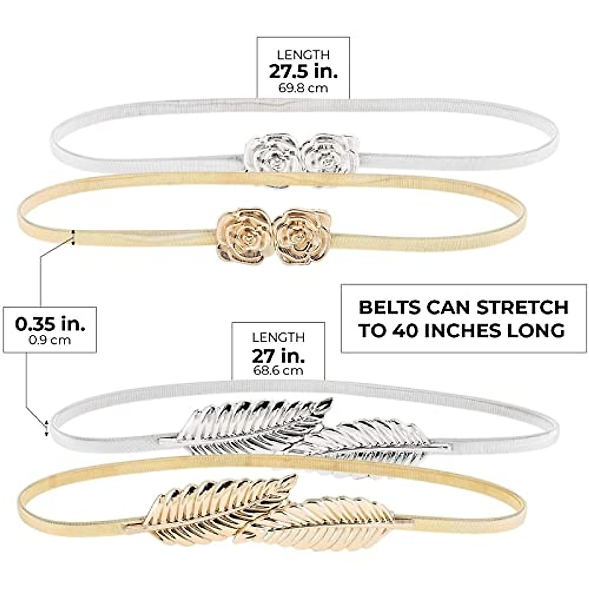 Juvale 4-Pack of Adjustable Fancy Dress Belts for Women, Skinny Stretch Metallic Waist Belts for Dresses, Blouse, Leaf and Rose Designs, Silver and Gold (27x0.35 in)