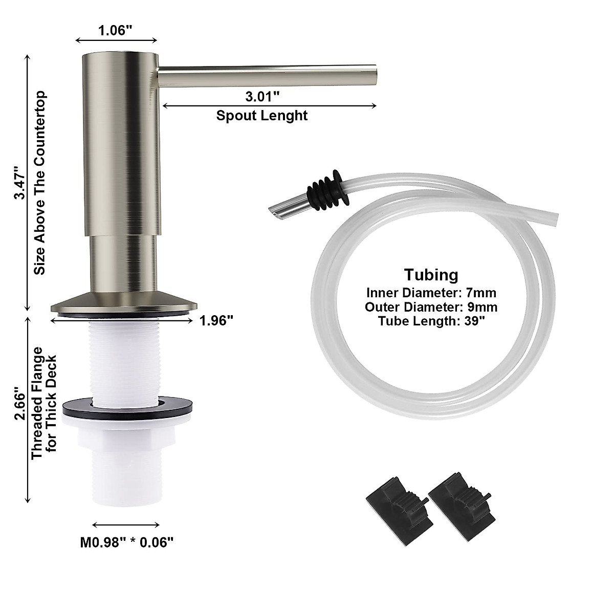 SAMODRA Kitchen Sink Soap Dispenser, Brass Pump Head Brushed Nickel Finish Built in Design with 39" Extension Tube Directly to Soap Bottle, No More Messy Refills(No Bottle)