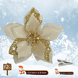 12-Pack 5.9'' Gold Glitter Poinsettia Artificial Flowers - Christmas Tree Decorations with Clips