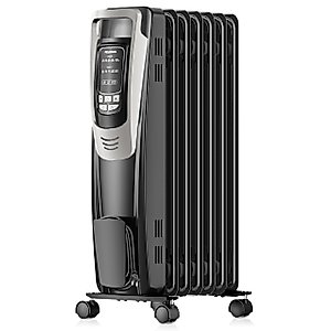 PELONIS Radiator Heater for indoor use Large Room with Remote, Thermostat & LED Display, Quiet Oil Filled Heater with 5 Temperature Settings, Overheat & Tip-Over Protection, Silver