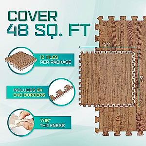 Yes4All Interlocking Foam Tiles, Non-Slip Foam Floor Tiles for Home Gym- Oak Wood Dark, 12 Tiles 24"x 24"x 7/16" Cover 48 Sqft