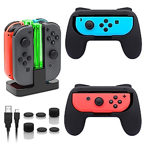 FastSnail Charging Dock and 2 Pack Switch Grips Kit for Nintendo Switch Joy Con & OLED Model, Charger Stand Station with Charging Cable, Wear-Resistant Grip Controller with 6 Thumb Grip