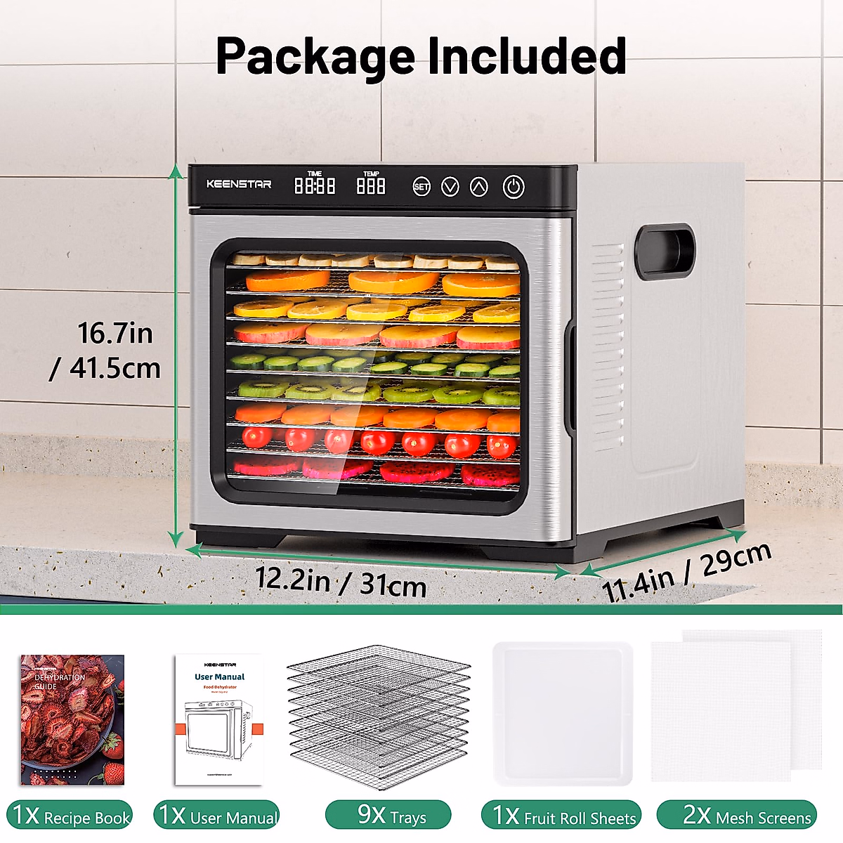 KEENSTAR Food Dehydrator for Jerky 1000W, 9 Stainless Steel Trays, 165℉ Temperature Control, 8.7ft² Drying Space, 48H Timer, Dryer Machine for Dog Treats, Herb, Veggies, Meat, Fruit