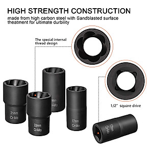 THINKWORK Lug Nut Remover, 5 Pieces Wheel Lock Removal Kit for Removing Stripped, Damaged, Frozen, Rusted, Rounded-Off Bolts, Nuts & Screws