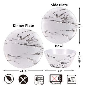 CUAEIBEY 12-Piece Melamine Dinnerware Set, White Marble, BPA-Free, Dishwasher Safe, Service for 4, Indoor/Outdoor Use