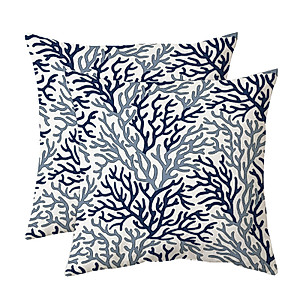 Tritard Nautical Coastal Throw Pillow Covers Set of 2 Decorative Outdoor Pillow Covers Waterproof Fabric Ocean Themed Beach Coral Print Pillowcases for Bedroom Living Room Patio Couch, 18" x 18", Blue