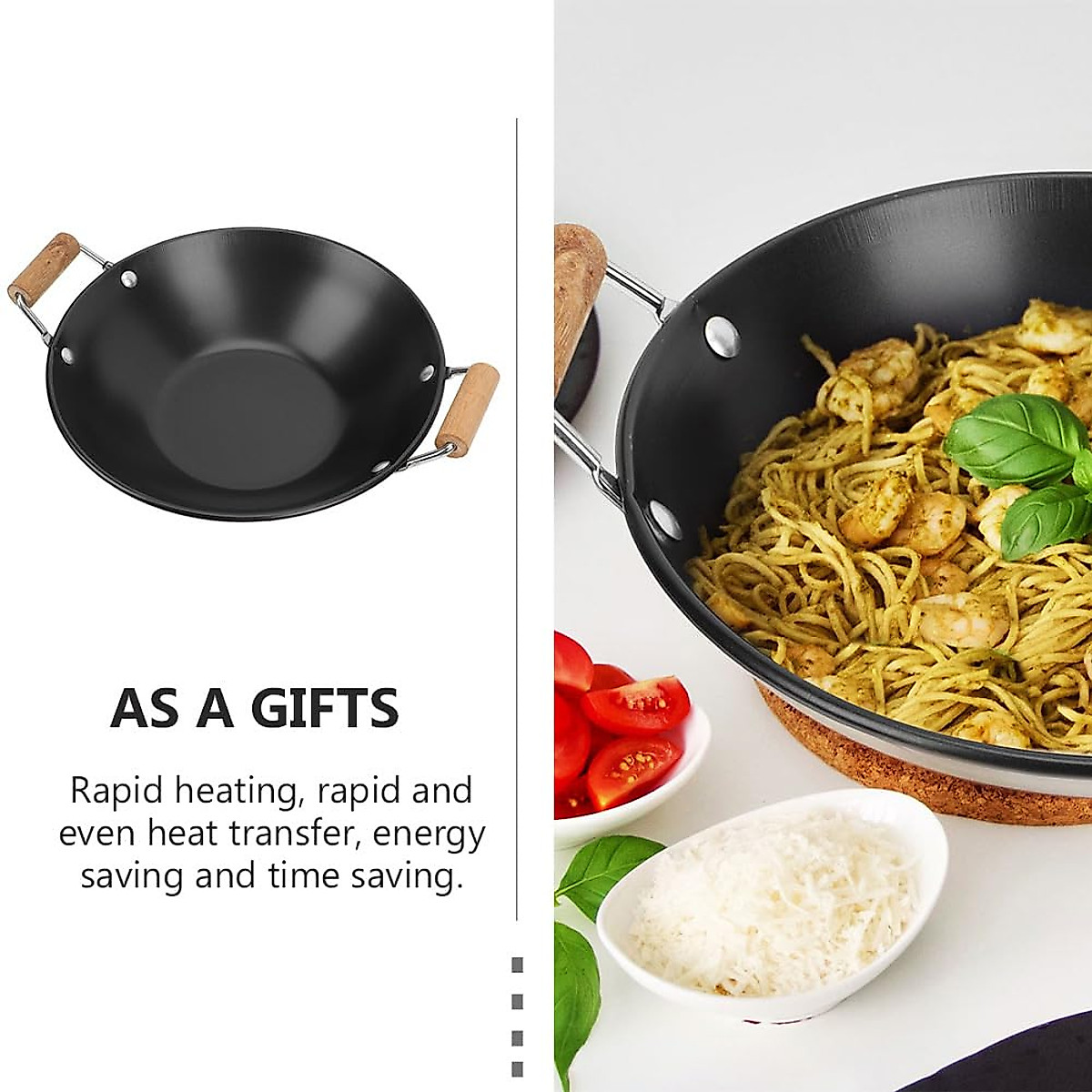PRETYZOOM Flat Bottom Wok 30cm Carbon Wok Canton Style Frying Pan with Double Handle Multipurpose Cooking Pot