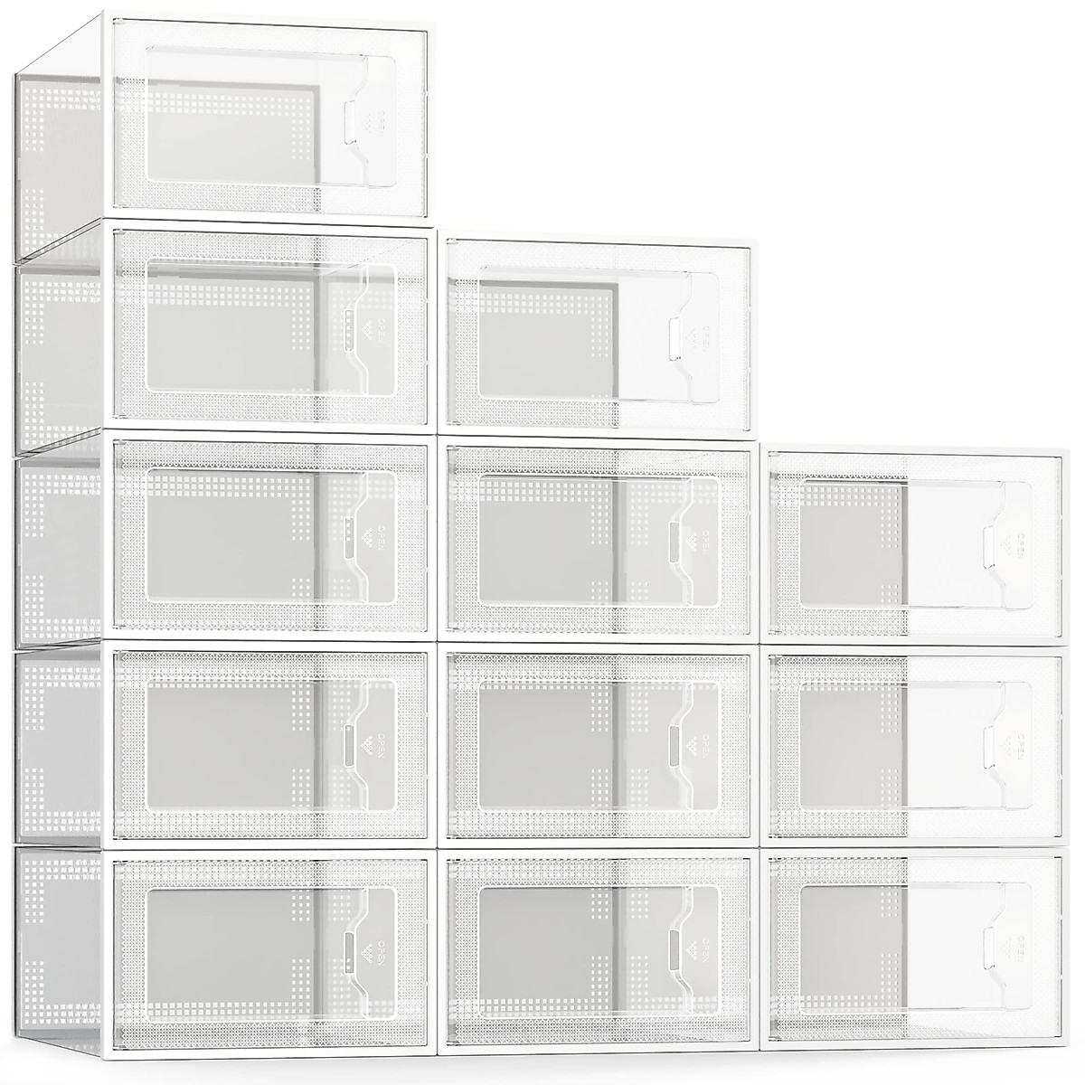 SEE SPRING X-Large Shoe Storage Box Fit Size 11, Clear Plastic Stackable Shoe Organizer for Closet, Space Saving Foldable Shoe Rack Sneaker Container Bin Holder, 12 Pack Clear