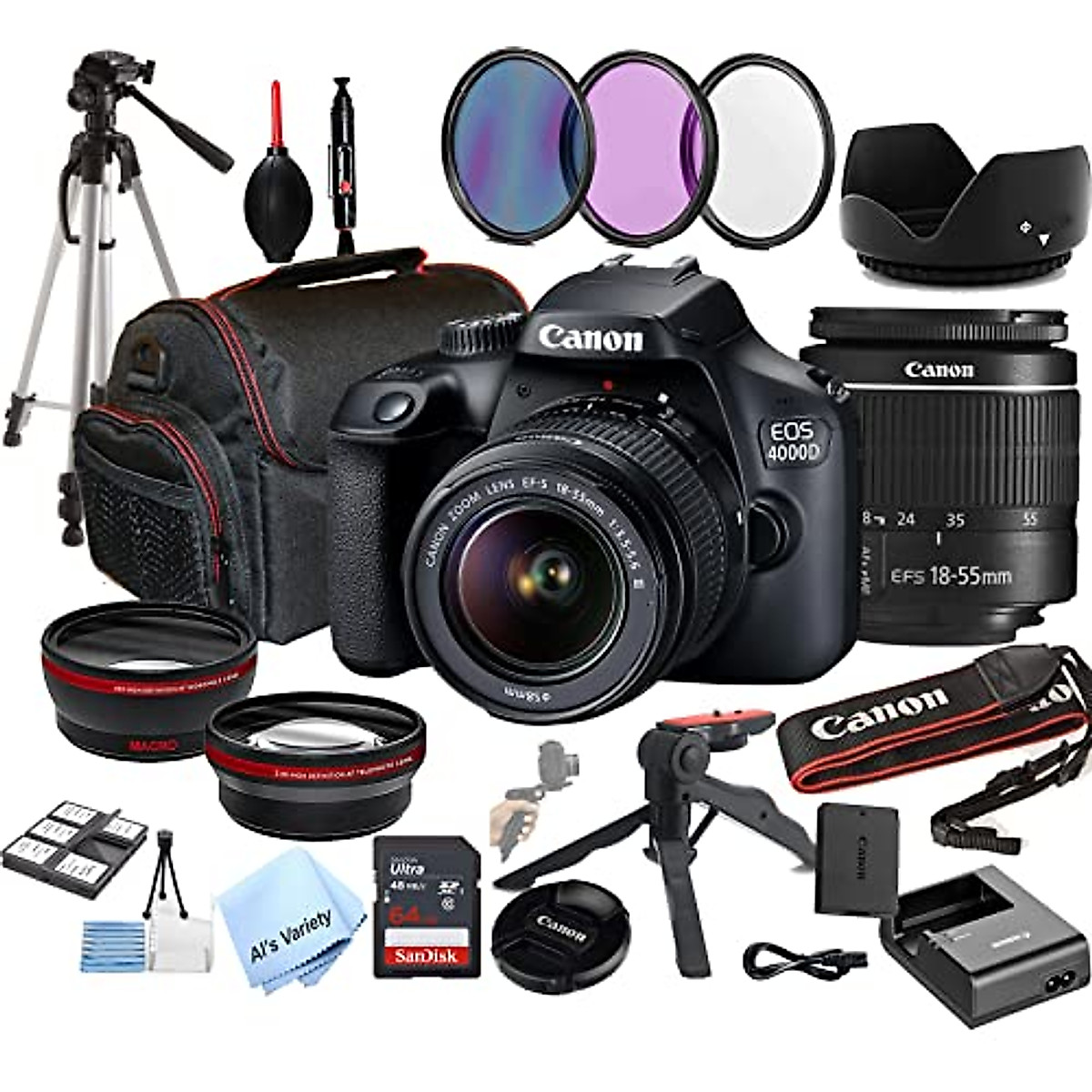 Canon EOS 4000D (Rebel T100) DSLR Camera w/EF-S 18-55mm F/3.5-5.6 Zoom Lens + 128GB Memory + Case + Tripod + Filters (28pc Bundle) (Renewed)