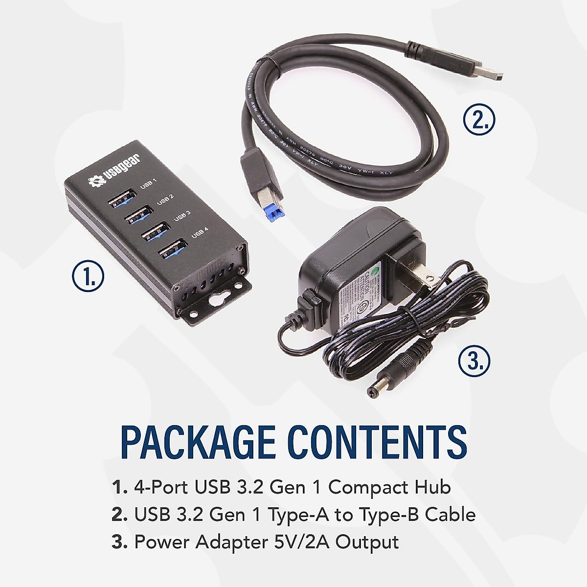 4-Port USB 3.2 Gen 1 Mountable Charging and SuperSpeed Data Hub with 5V/2A Power Adapter and USB Type-A to Type-B Cable Up to 900mA per Port Charging Function Wall and Surface Mounting