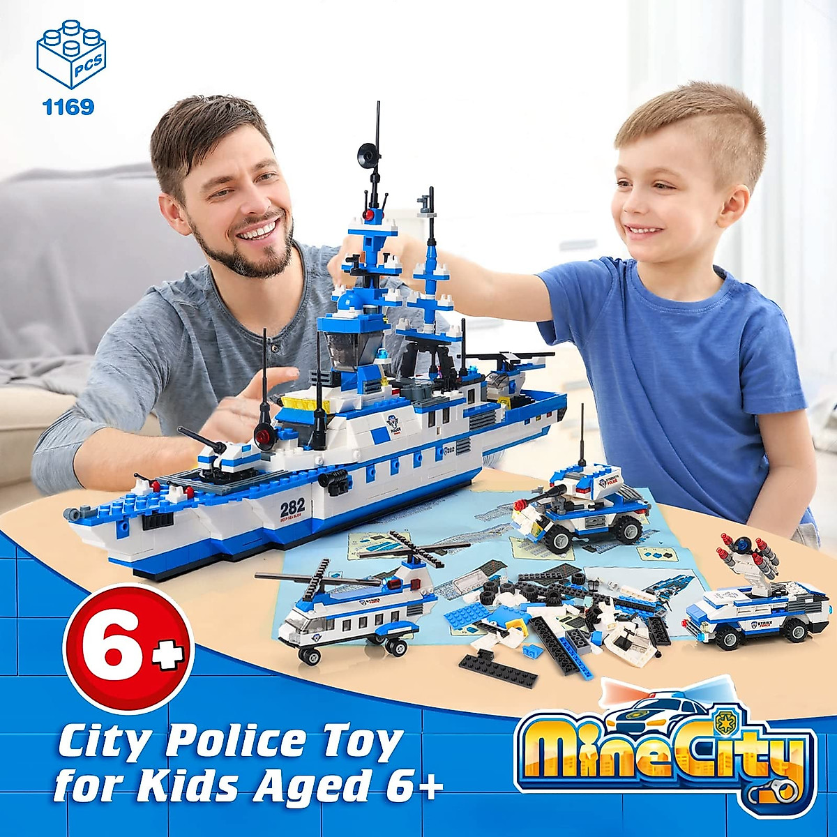 WishaLife 1169 Pieces City Police Station Building Kit, 6 in 1 Military Battleship Building Toy, with Police Cars, Boat, Airplane, Best STEM Construction Toy Gift for Boys and Girls 6-12
