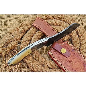 HUNTEX Handmade Hand-Forged Twist Pattern Damascus Steel 9 Inch Long Full Tang Natural Camel Bone Handle Razor Sharp Hunting Camping Cleaver Knife w/Genuine Leather Sheath