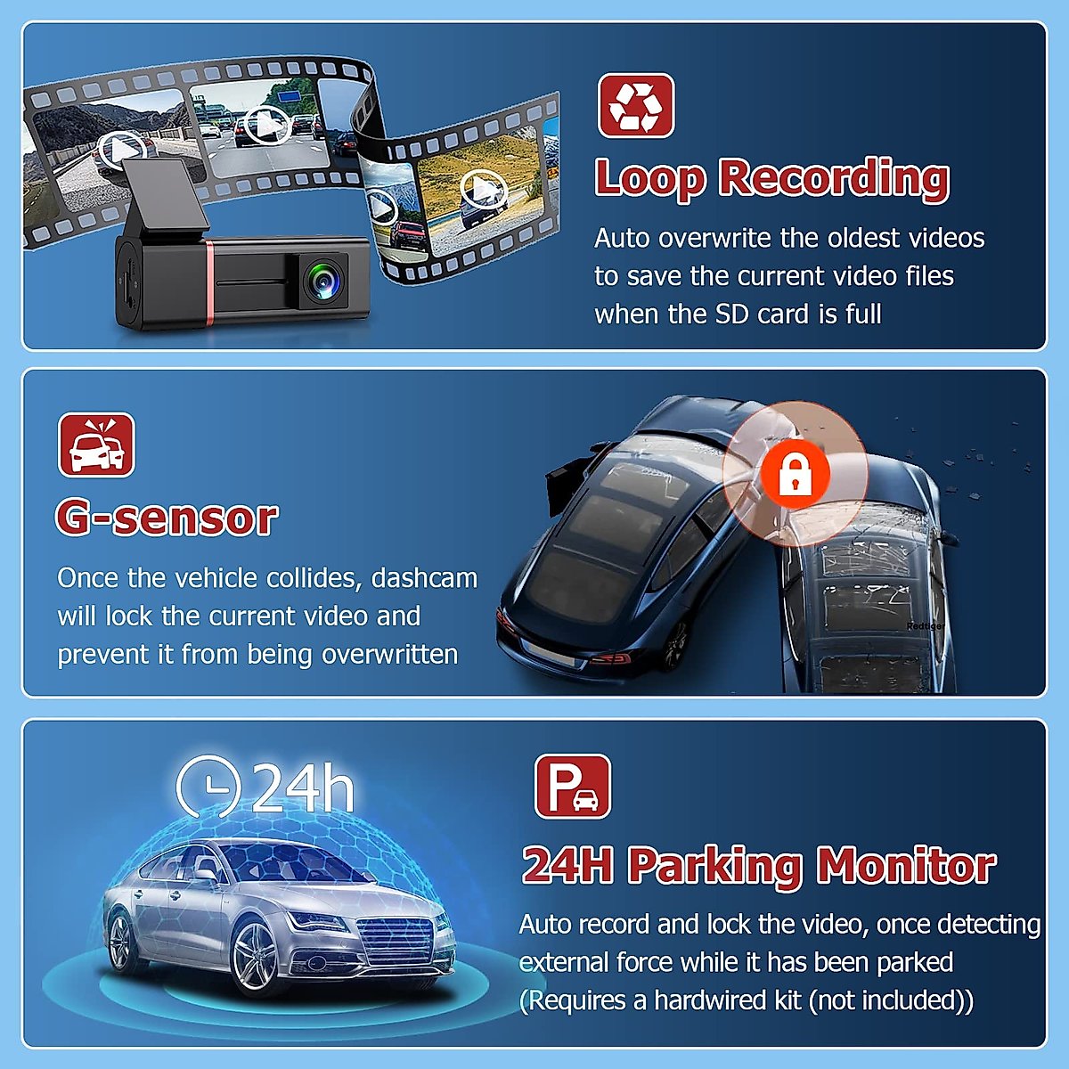Dash Camera for Cars, 1080P FHD Dash Cam Front, Car Camera Dashcam with WiFi APP Control, Loop Recording, G-Sensor, Night Vision, 24H Parking Mode, Support 128GB SD Card Max (Not Included