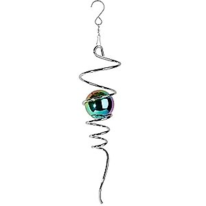 OMCCHK Gazing Ball Spiral Tail Wind Spinner Stabilizer,Stainless Steel Metal Garden Decor with Swivel Hook & Multi Color Sphere,Mirror Orb Silver Helix Hanging Outdoor Indoor Twister Art Ornaments