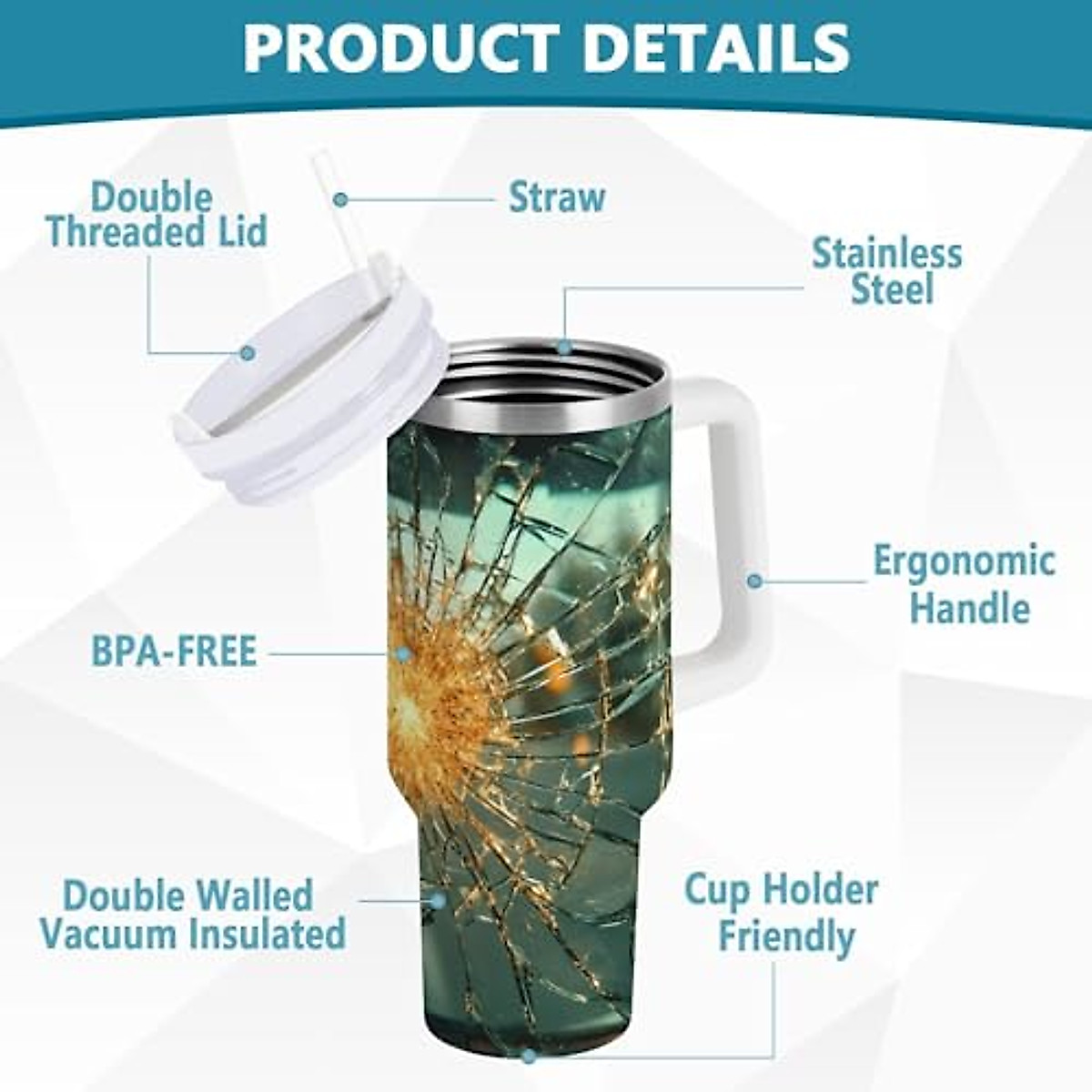 Jihqo Broken Windshield Print 40 oz Stainless Steel Vacuum Insulated Tumbler with Handle and Straw Lid, Leakproof Water Bottle Double Wall Travel Mug Coffee Cup, Cupholder Friendly