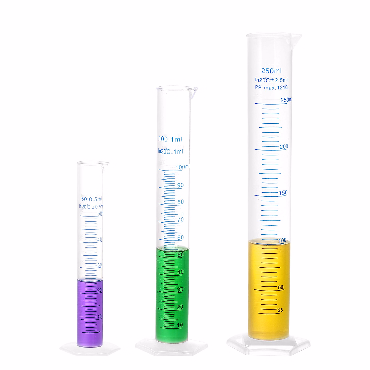 uxcell Plastic Graduated Cylinder, 50ml 100ml 250ml Measuring Cylinder, Double-Sided Metric Marking, Clear Hex Base, 3 in 1 Set