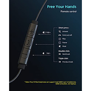 iFory USB C Headphones, Hi-Res Type C Earphones in-Ear Earbud with Baried Suit with Microphone and Volume Control Compatible with Google Pixel LG Samsung Oneplus Sony MacBook Black…