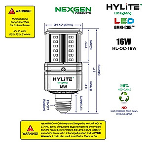 HyLite LED Lighting 16W High Performance LED Omni-Cob Lamp, 360º, (~70W HID), 50K, 2400 lm, 100~277V for Commercial Industrial Lighting Warehouse High Bay Light Fixture Garage Workshop, White