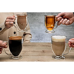 Kitchen Kite Double Wall Glass Coffee Mugs - 11oz Dishwasher & Microwave Safe Clear Mugs Set of 4 - Insulated Design, Ideal as Cups for Tea, Latte, Cappuccino, Nespresso, Hot & Cold Beverages